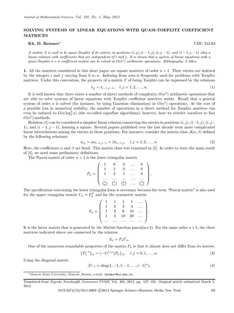Pdf Solving Systems Of Linear Equations With Quasi Toeplitz Coefficient Matrices