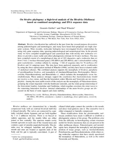 Giribet Wheeler 2002 On Bivalve Phylogeny A High Level Analysis Of The Bivalvia Mollusca