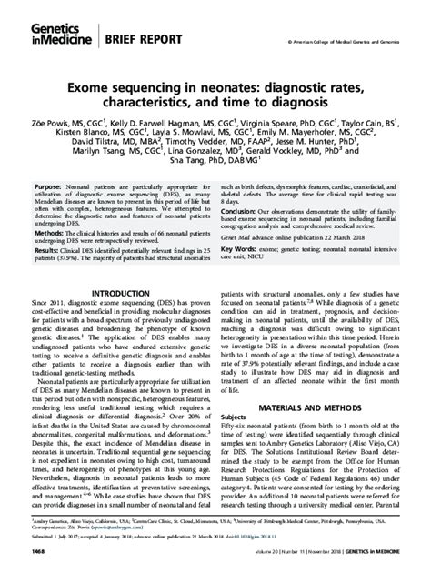 Pdf Exome Sequencing In Neonates Diagnostic Rates Characteristics And Time To Diagnosis