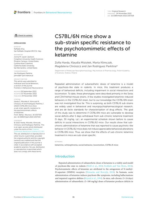 Pdf C57bl 6n Mice Show A Sub Strain Specific Resistance To The Psychotomimetic Effects Of Ketamine