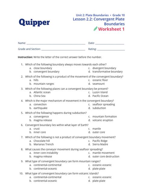 Science 10 2 2 Worksheet 1 Pdf Plate Tectonics Natural Sciences