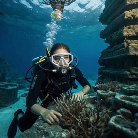 Scuba Divers On Shipwreck Premium Ai Generated Image