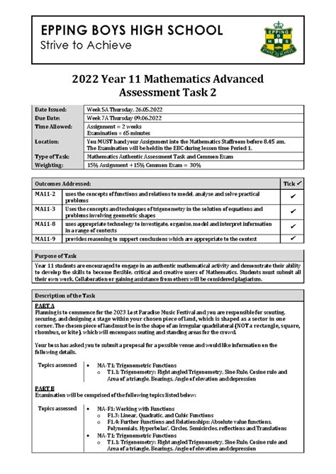 Maths Assignment Term 2pdf Copy 2022 Year 11 Mathematics Advanced
