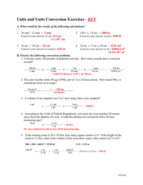Units Conversion Worksheet With Key Practice Problems