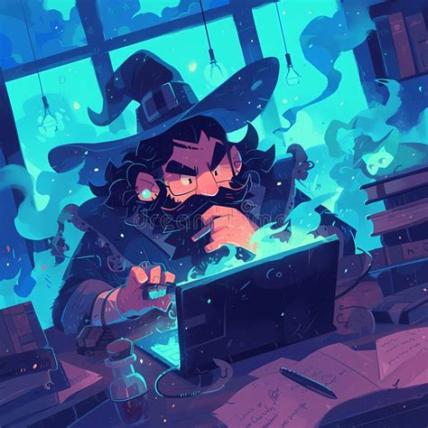 Wizard Crafting Spells On A Laptop Fantasy Illustration Stock Illustration Illustration Of
