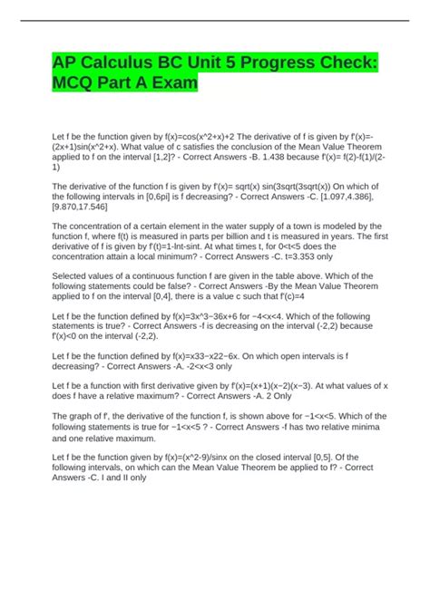 Ap Calculus Bc Unit 5 Progress Check Mcq Part A Exam Questions And Answers Ap Calculus Bc