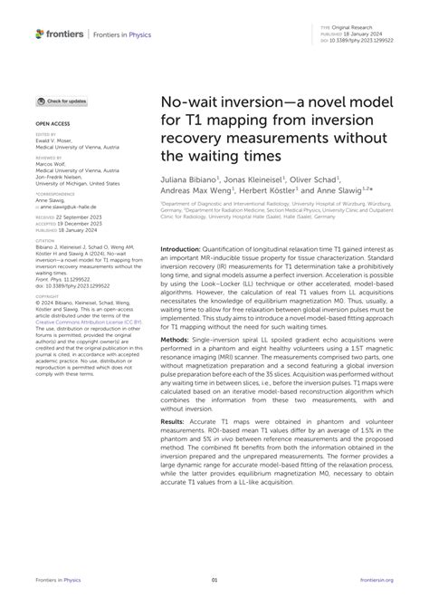 PDF No Wait Inversiona Novel Model For T Mapping From Inversion Recovery Measurements