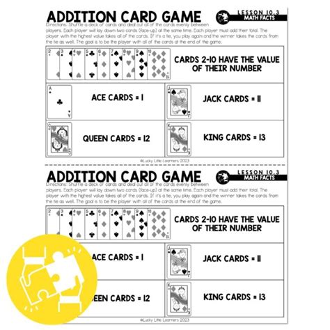 Lucky To Learn Math Lesson 103 Math Facts Review Collaboration Addition Card Game