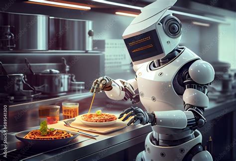 Robotic Chef Cooking Food On Smart Kitchen In Restaurant Ai Robot