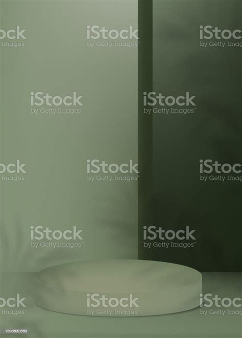 3d 연단 디스플레이가있는 스튜디오 룸 배경 녹색 벽 배경에 야자 잎 그림자 벡터 일러스트 레이 션 수직 배너 실린더 모형 봄을위한 최소 디자인 여름 제품 프리젠 테이션 0