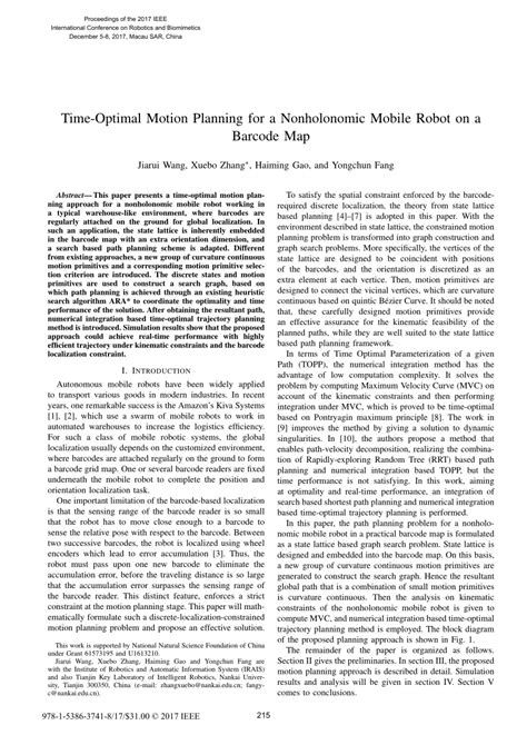 PDF Time Optimal Motion Planning For A Nonholonomic Mobile Robot On A Barcode Map