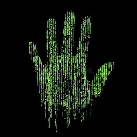 handprint with green matrix code symbols on black background matrix