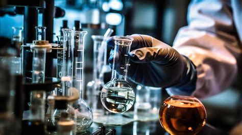 Premium AI Image A Closeup View Of A Scientist S Hand Holding A Flask Surrounded By Lab