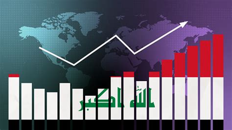기복이 있는 이라크 막대 차트 그래프 가치 상승 경제 회복 및 비즈니스 개선의 개념 기업 재개 정치 갈등 깃발이 있는 전쟁 개념