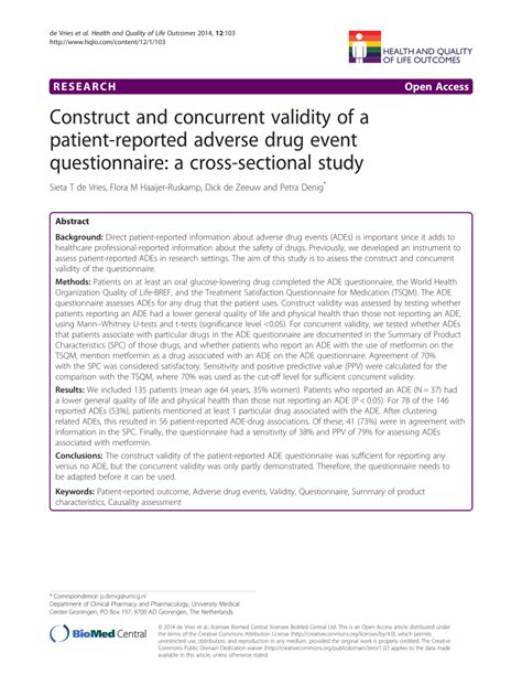 Pdf Construct And Concurrent Validity Of A Patient Reported Adverse Drug Event Questionnaire