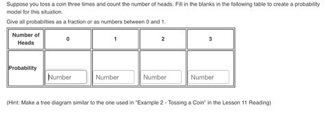 suppose you toss a coin three times and count the number of heads fill