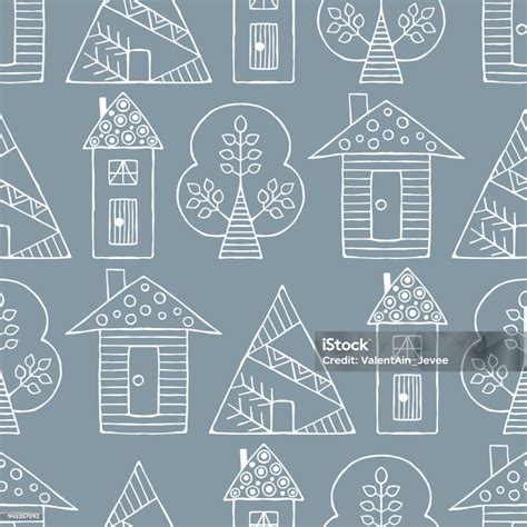 어린 나무 집 낙서 스타일 부족 그래픽 일러스트 레이 션 벡터 손으로 그려진된 완벽 한 패턴 장식 무늬 라인 귀여운 그리기 낙서 만화 스케치 패턴의 드로잉 시리즈 가을에