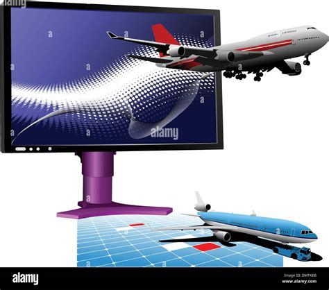 Blue Dotted Background With Flat Computer Monitor With Passenger Stock