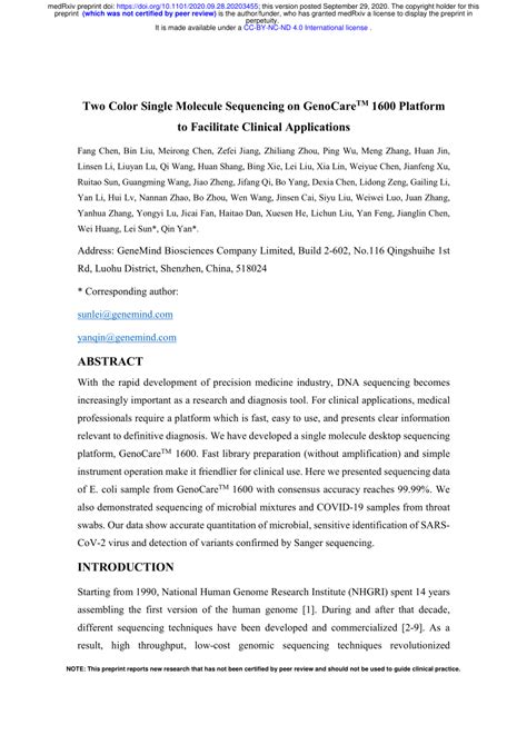 Pdf Two Color Single Molecule Sequencing On Genocare 1600 Platform To Facilitate Clinical