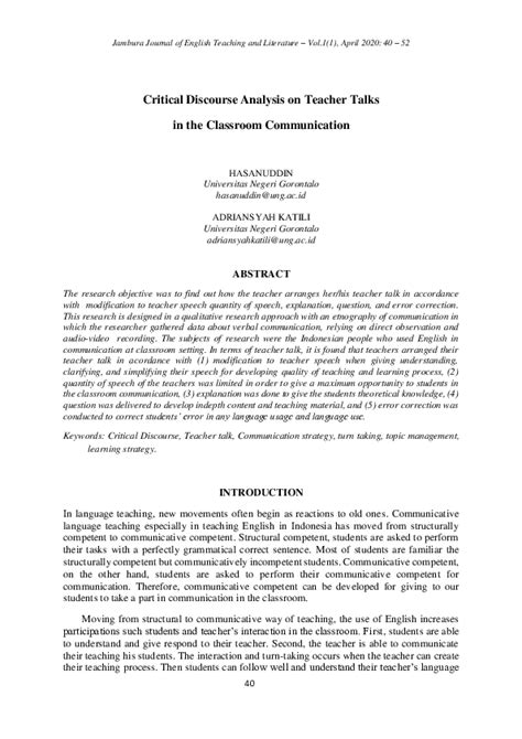 Pdf Critical Discourse Analysis On Teacher Talks In The Classroom Communication