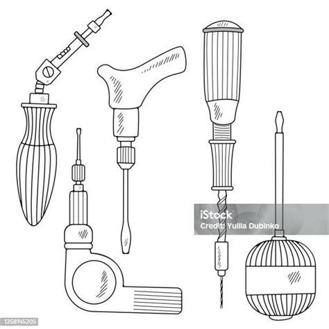 핸드 도구 컬렉션 스케치의 다른 요소와 수제 만화 기계 드라이버 플랫 스타일 흰색 배경에 벡터 가정 생활에 대한 스톡 벡터 아트 및 기타 이미지 Istock