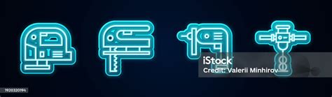 세트 선 전기 퍼즐 교련 기계 및 건축 착암기 빛나는 네온 아이콘입니다 벡터 건설 기계류에 대한 스톡 벡터 아트 및 기타 이미지 건설 기계류 건설 산업 건축하기