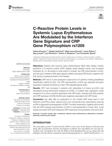 Pdf C Reactive Protein Levels In Systemic Lupus Erythematosus Are Modulated By The Interferon