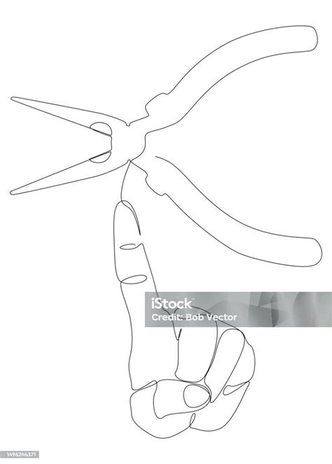 펜치 집게가 있는 하나의 연속 손 물체를 안전하게 고정하는 데 사용되는 수공구입니다 가는 선 그림 벡터 개념입니다 등고선 그리기 창의적인 아이디어 강철에 대한 스톡 벡터