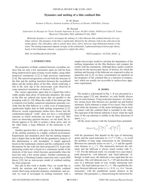 Pdf Dynamics And Melting Of A Thin Confined Film