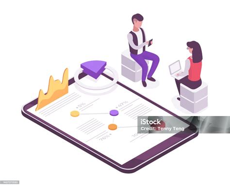 아이소메트릭 사람 데이터 분석 차트 통계 개념 비즈니스 다이어그램 3d 파이 차트 통계 벡터 격리 일러스트레이션 재무 분석 장면