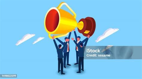 팀 성과 팀 우승 트로피 비즈니스 목표 달성을 위한 팀워크 거대한 트로피를 들어 올리는 아이소메트릭 4명의 사업가 등측투영법에 대한 스톡 벡터 아트 및 기타 이미지 Istock