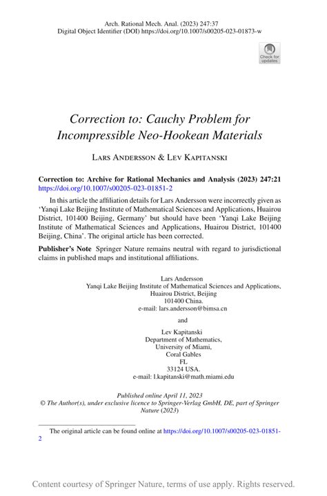 Correction To Cauchy Problem For Incompressible Neo Hookean Materials