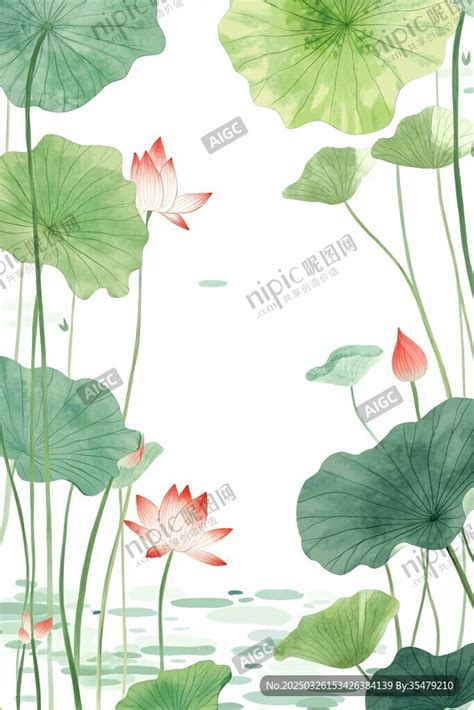 Ai创作图夏日 荷塘 荷花 荷叶 花苞 水面 美景 植物 自然 花卉 绿色 粉色 清新 中式 水墨画 昵图网