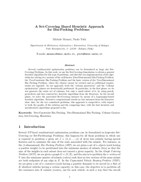 Pdf A Set Covering Based Heuristic Approach For Bin Packing Problems Paolo Toth