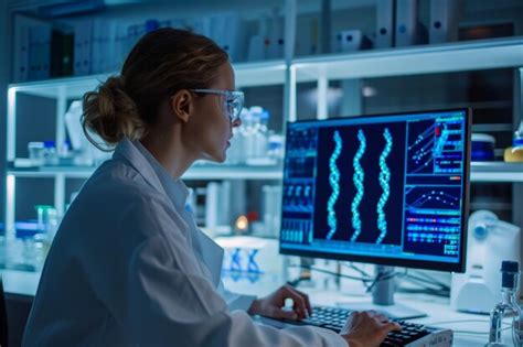 Premium Photo Female Scientist In Lab Coat Using Computer