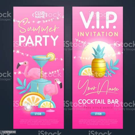 여름 칵테일 디스코 파티 타이포그래피 포스터에는 3d 플라스틱 플라밍고 칵테일 파인애플이 있습니다 초대장 디자인 벡터 그림 3차원 형태에 대한 스톡 벡터 아트 및 기타
