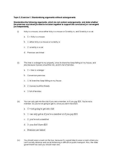 Topic Tutorial Work Topic Exercise Standardising Arguments Without Subarguments Studocu