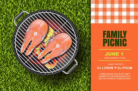 벡터 현실적인 3 차원 일러스트 레이 션 핫 바베 큐에 붉은 연어 스테이크의 그릴 바베 큐 피크닉 배너 또는 포스터 디자인 서식 파일 바베큐그릴에 대한 스톡 벡터 아트 및