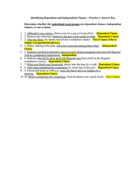 Identifying Clauses Practice 1 Answer Key Docx