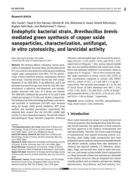 Pdf Endophytic Bacterial Strain Brevibacillus Brevis Mediated Green Synthesis Of Copper