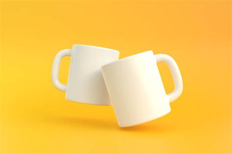노란색 배경에 커피 음료 또는 차를위한 두 개의 흰색 세라믹 컵 또는 빈 머그잔 3차원 형태에 대한 스톡 사진 및 기타 이미지 3차원 형태 커피 마실 것 커피