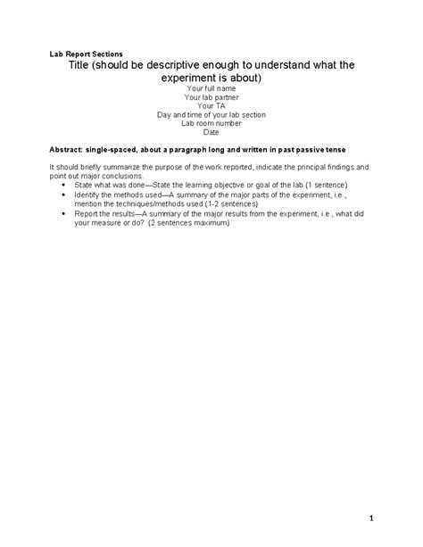 Guidance For Written Lab Reports Lab Report Sections Title Should Be Descriptive Enough To