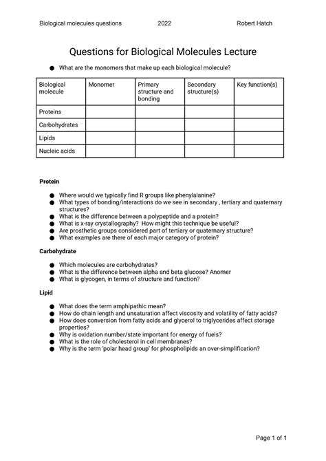 B Biol Mol Seminar Questions Biological Molecules Questions Robert Hatch Questions For
