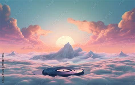 A Record Player Gently Spins Emanating Sound Waves That Mix With The Clouds In An Ethereal And
