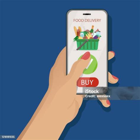 온라인 음식 배달 응용 프로그램 개념입니다 클래식 한 파란색 백그룬에 모바일 앱과 스마트 폰을 들고 여성의 손 개념에 대한 스톡 벡터 아트 및 기타 이미지 Istock