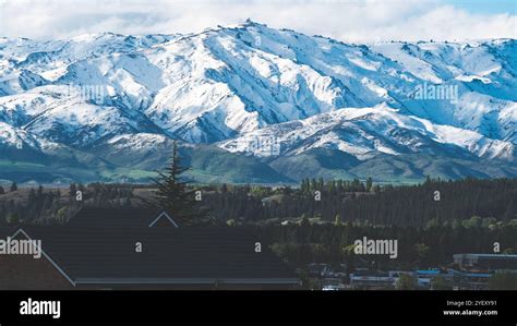 Snow Covered Mountains Close Up In Alexandra New Zealand Iconic Scenery