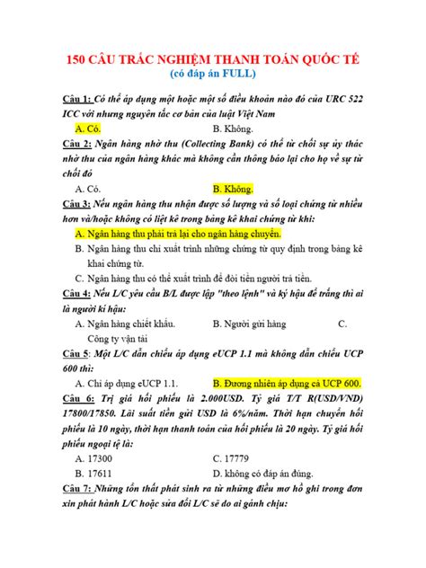 (123doc) - 150-Cau-Trac-Nghiem-Thanh-Toan-Quoc-Te-Co-Dap-An-Full | PDF