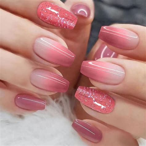 Hnewly 24pcs Press On Nails Wearable Fake Nails Pink Gradient Glitter