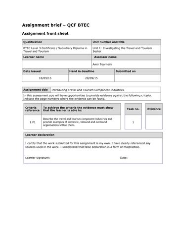Level 3 Btec Travel And Tourism Qcf Unit 1 Assignment Briefs Teaching Resources
