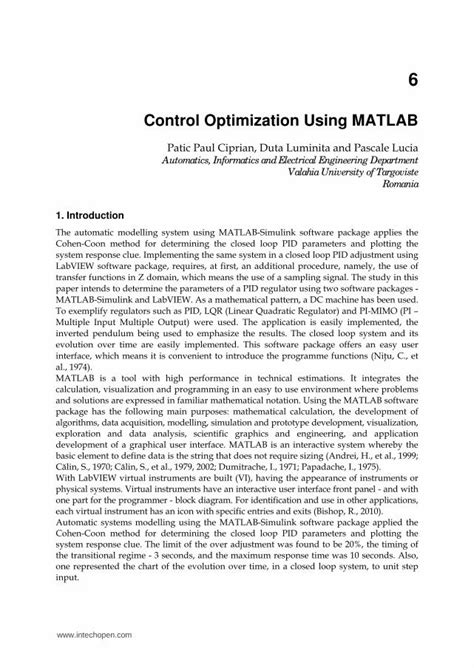 Pdf Control Optimization Using Matlab Intech Techopen